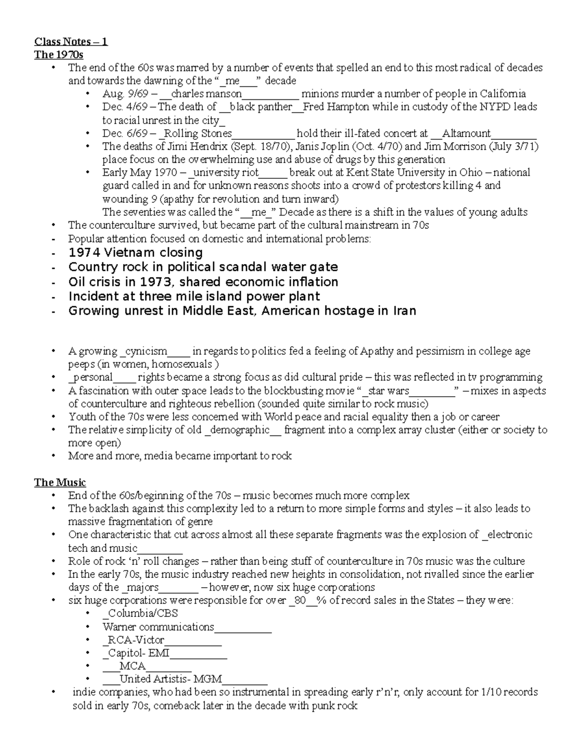 Musi Notes Section 1 - Class Notes – 1 The 1970s - The end of the 60s ...