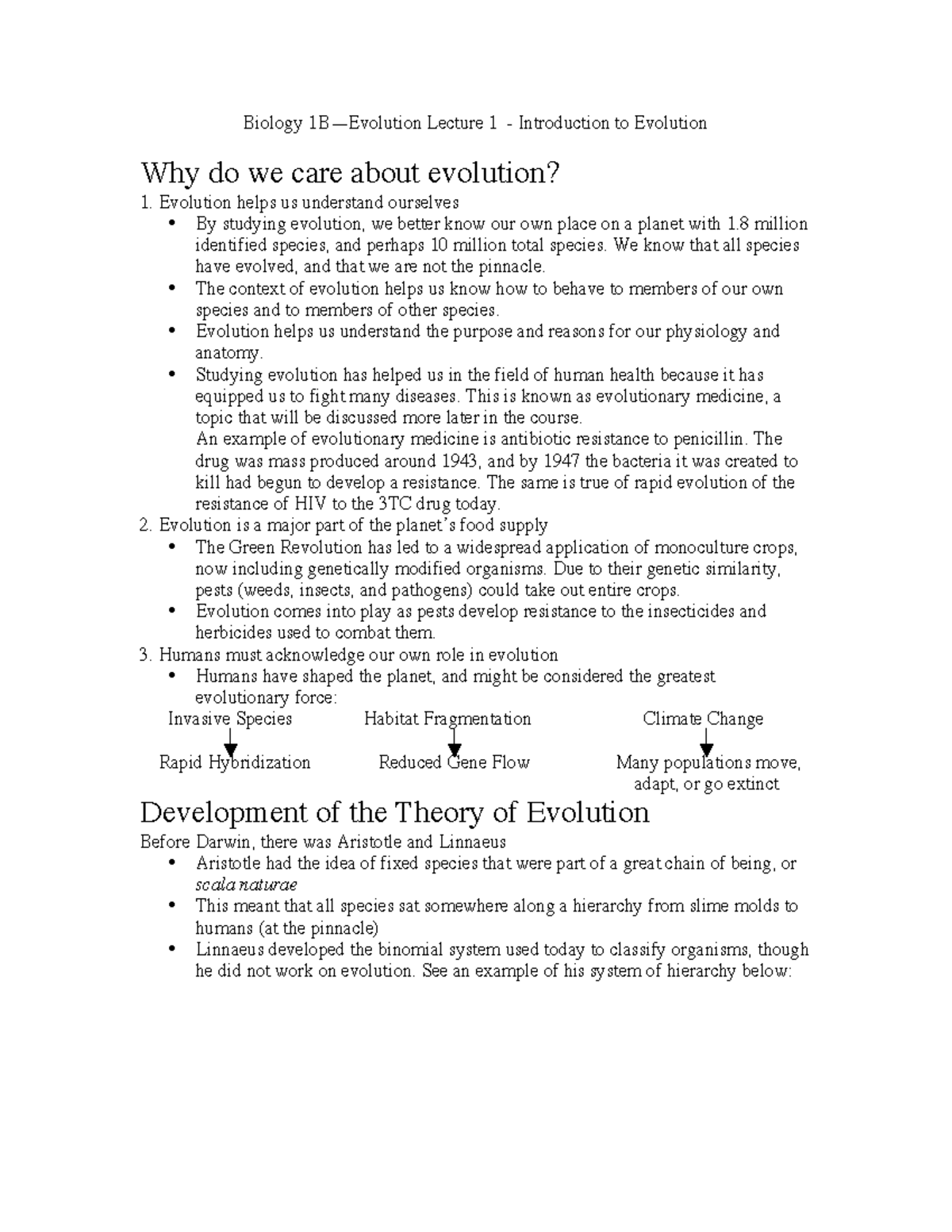 Moritz Notes 1 - Biology 1B—Evolution Lecture 1 - Introduction to ...