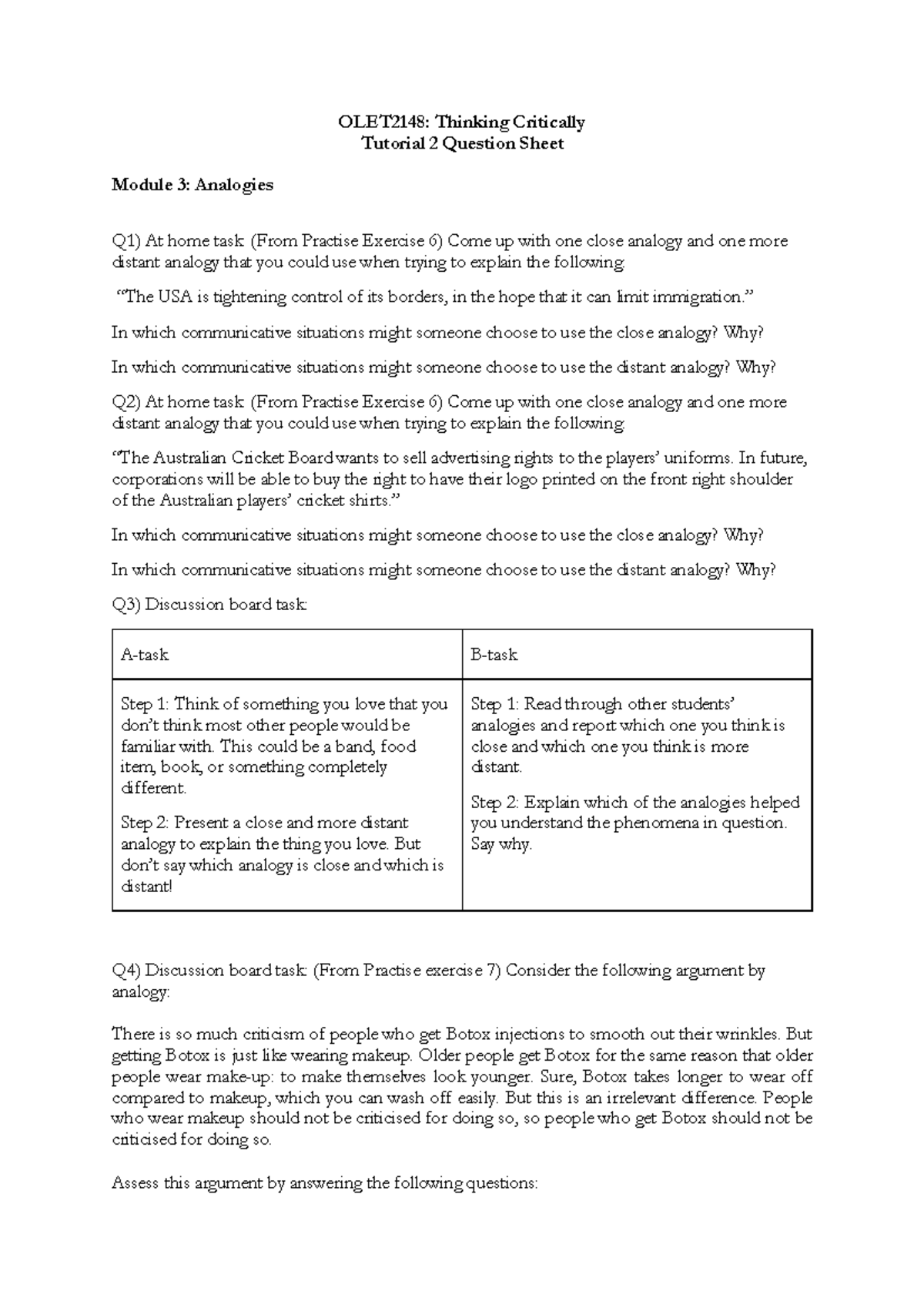 OLET2148 Tutorial 2 - OLET2148: Thinking Critically Tutorial 2 Question ...