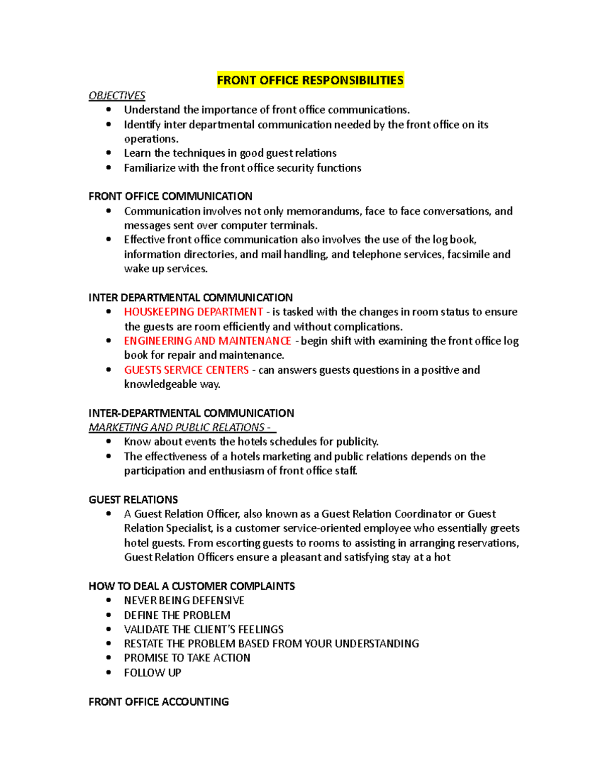 Front Office - more - FRONT OFFICE RESPONSIBILITIES OBJECTIVES ...