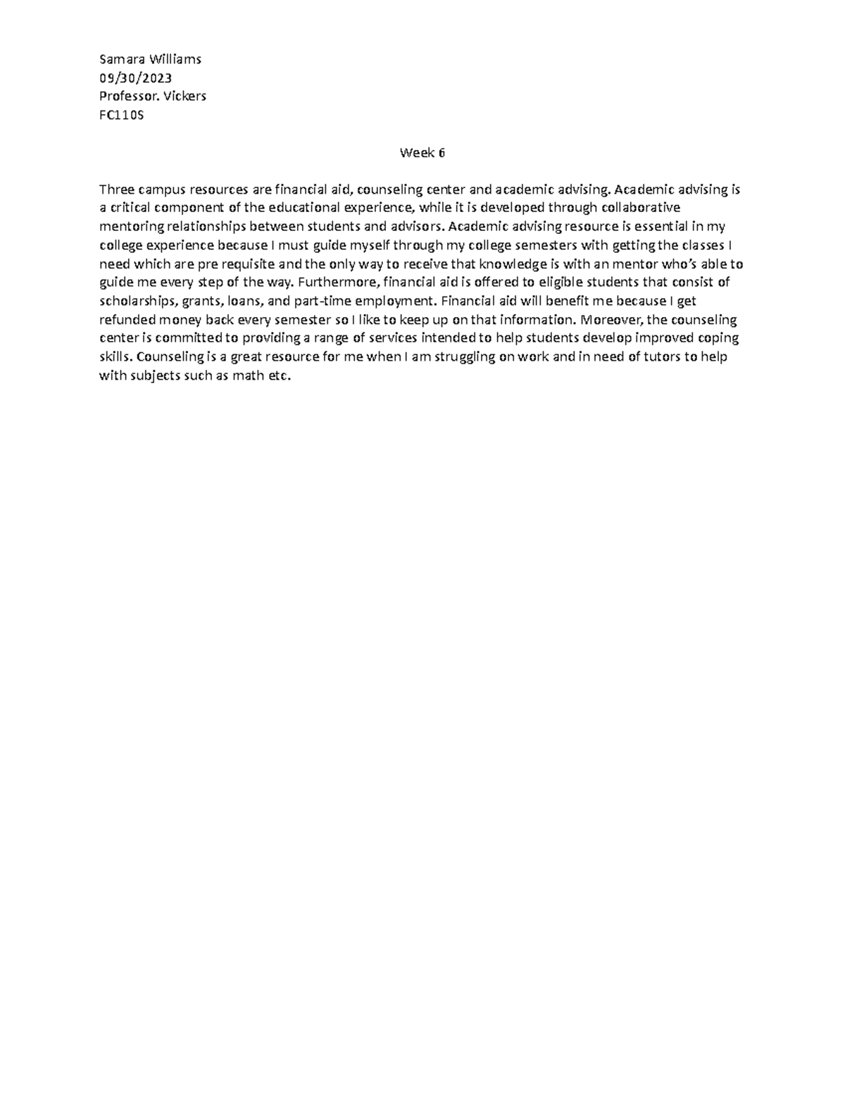 Week 6 reflection - Hhhahaha - Samara Williams 09/30/ Professor ...