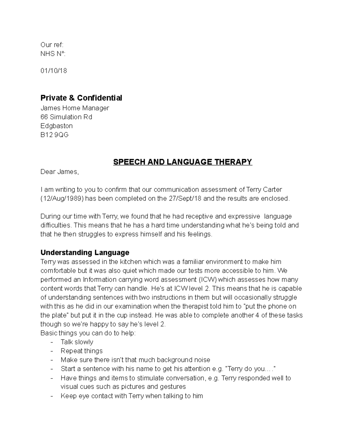 Example of written report for TIP viva prep - Our ref: NHS No: 01/10 ...