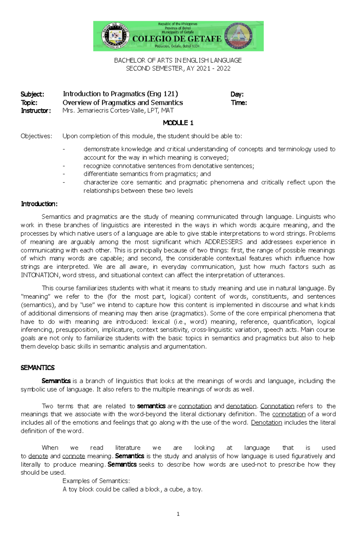 Module 1 - dfgdfg - BACHELOR OF ARTS IN ENGLISH LANGUAGE SECOND ...