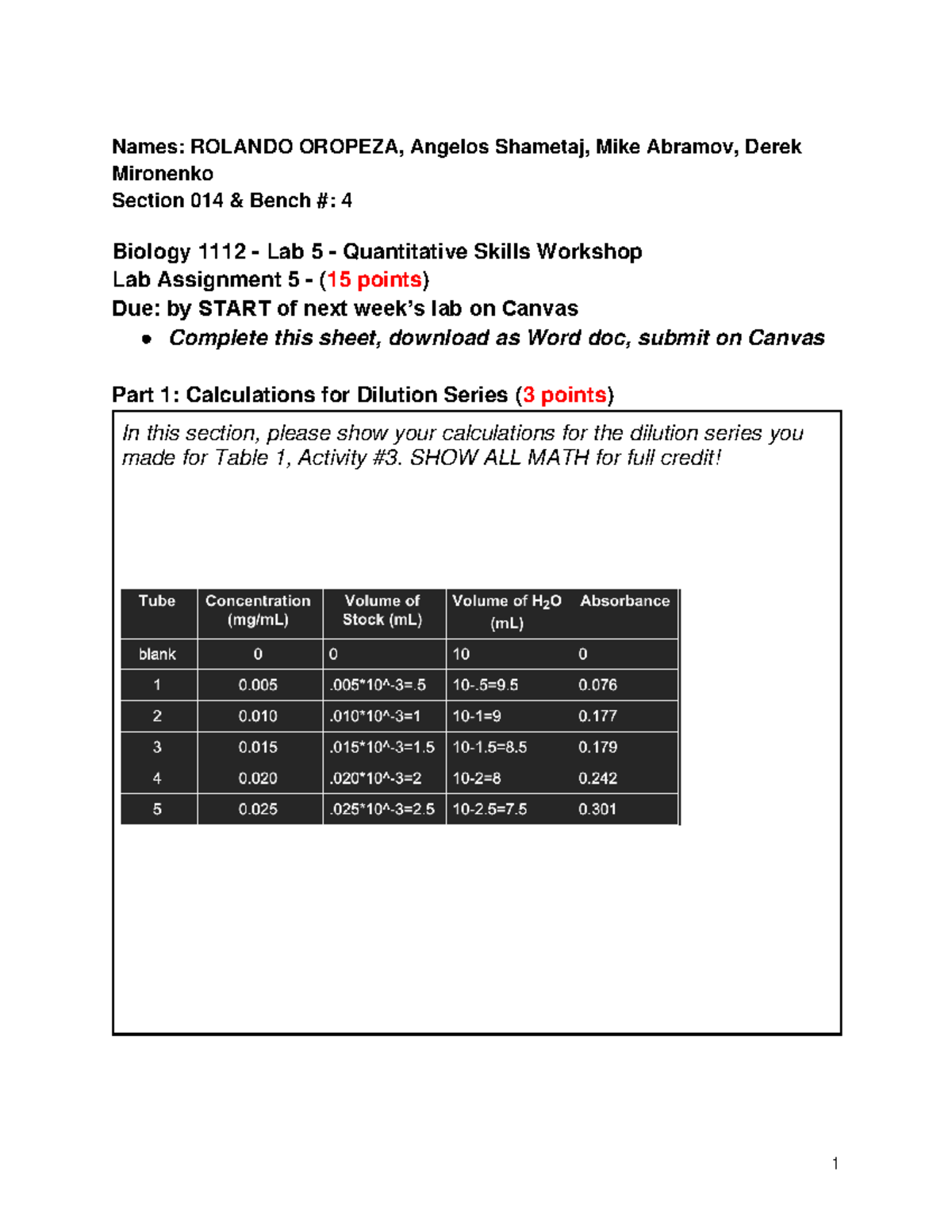 BIO LAB % 5 - Quantitative Skills - Names: ROLANDO OROPEZA, Angelos ...