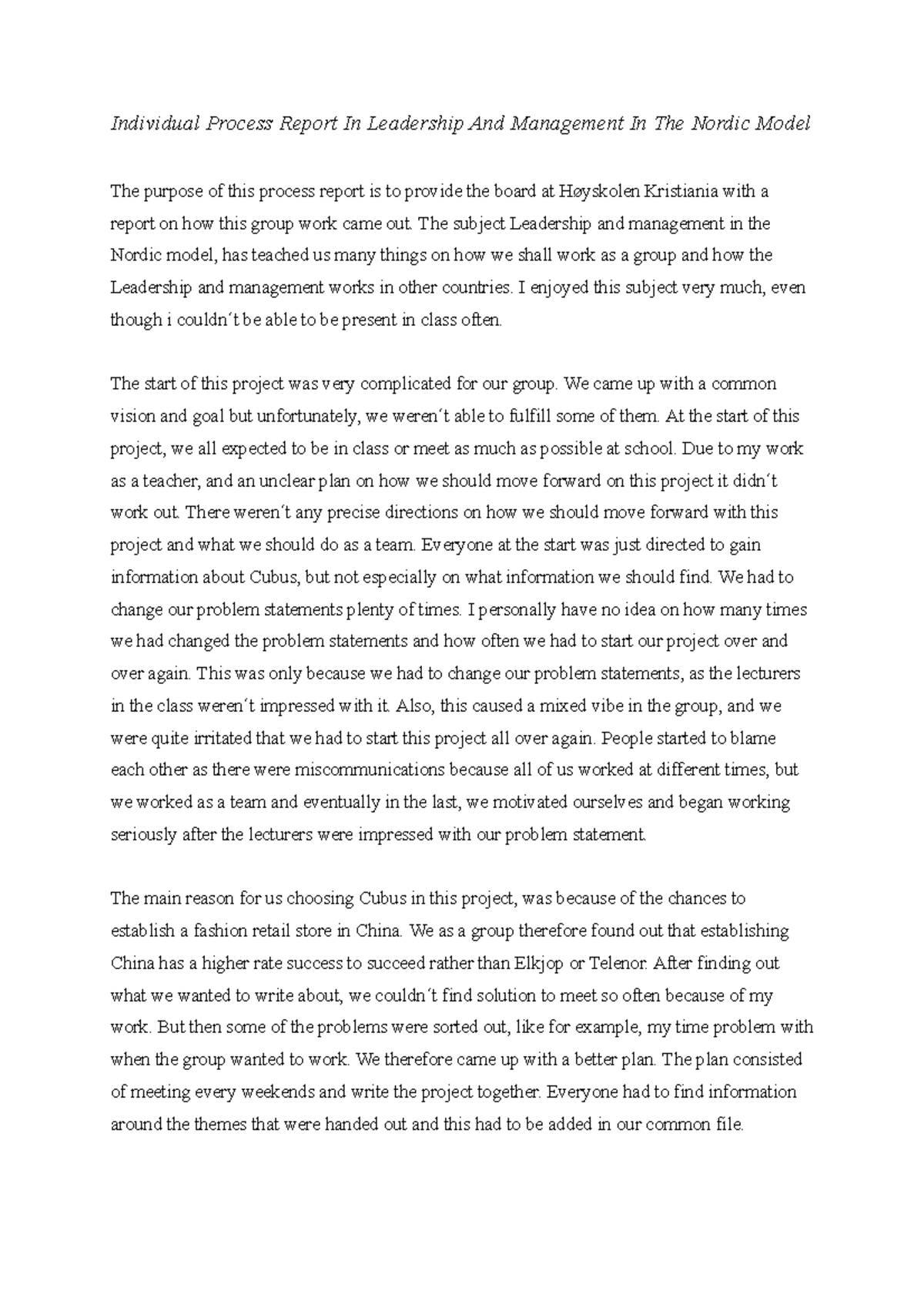 Individual Process Report - The subject Leadership and management in ...