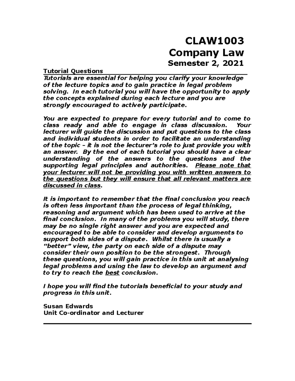 21 2 1003 Tutorial Questions - CLAW Company Law Semester 2, 2021 ...