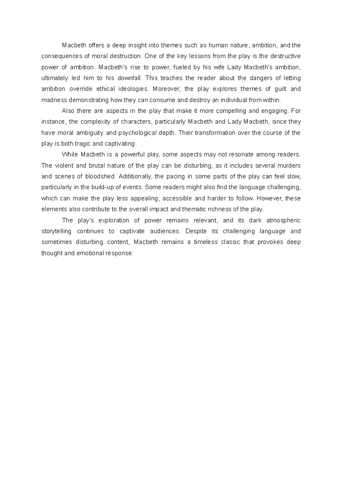 Macbeth Reflection - Macbeth offers a deep insight into themes such as ...