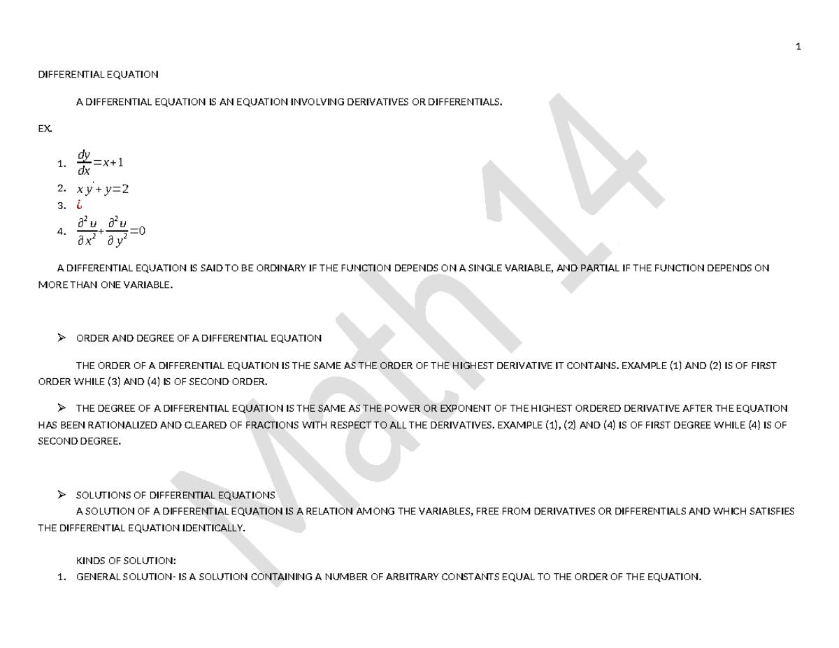 MATH 14 Manual 2 - DIFFERENTIAL EQUATION A DIFFERENTIAL EQUATION IS AN EQUATION INVOLVING - Studocu