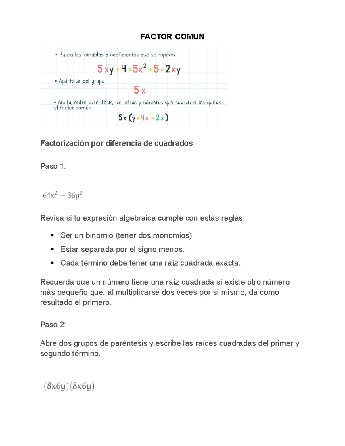 Mates apuntes - algebra - FACTOR COMUN Factorización por diferencia de ...