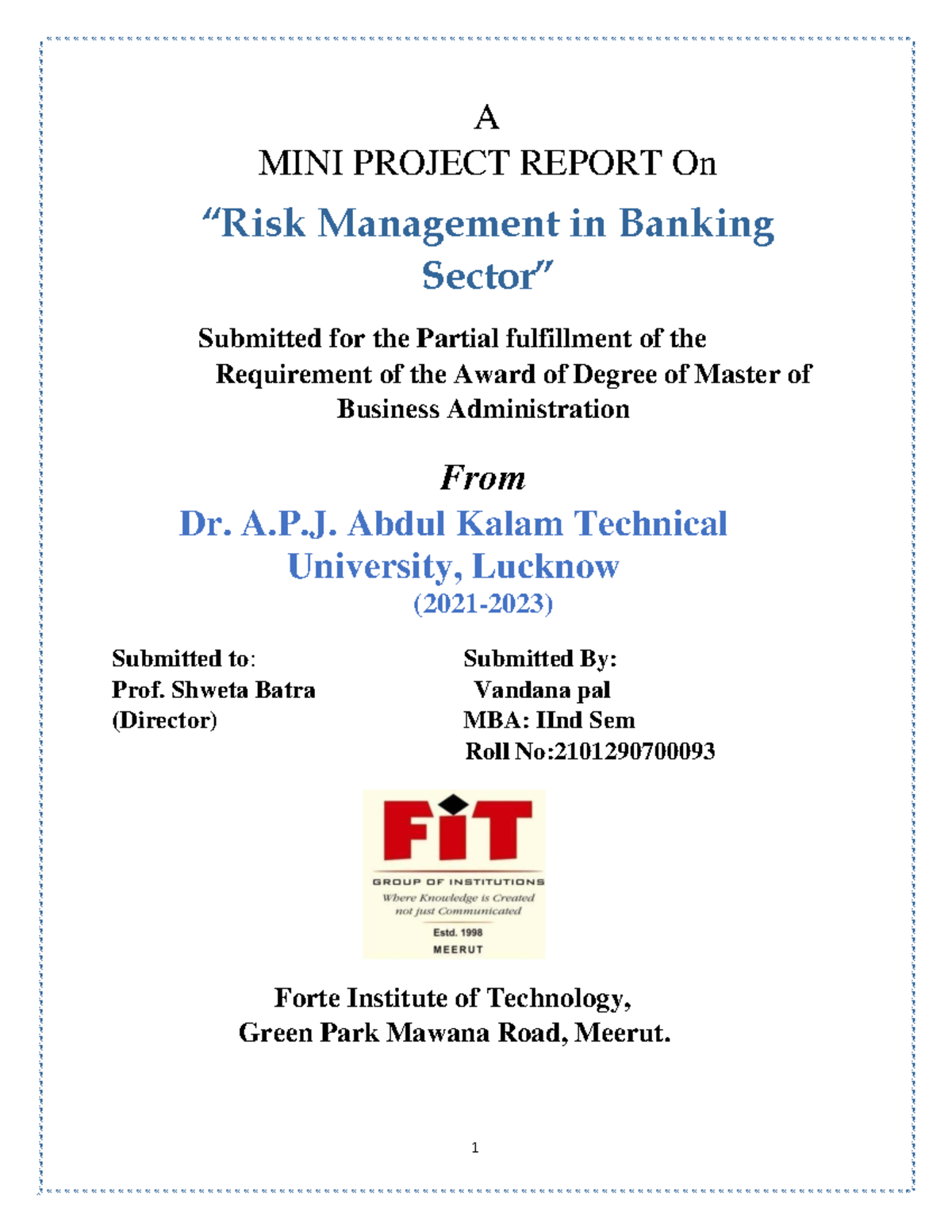 MBA MINI Porject 2 Vandana - A MINI PROJECT REPORT On “Risk Management ...
