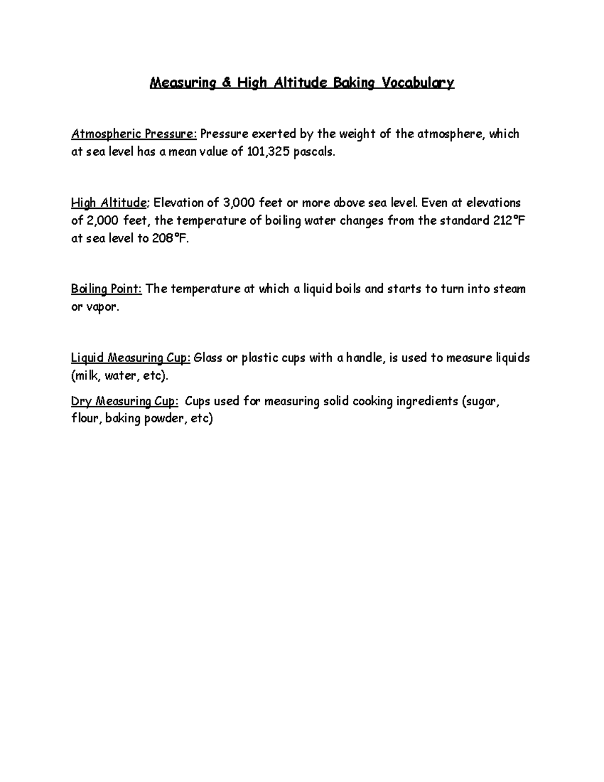 FCS. 240 .Measuring and High Altitude Baking Vocabulary - Measuring ...