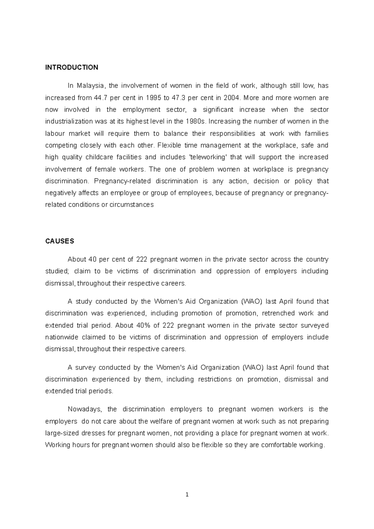 Women at workplace - INTRODUCTION In Malaysia, the involvement of women ...