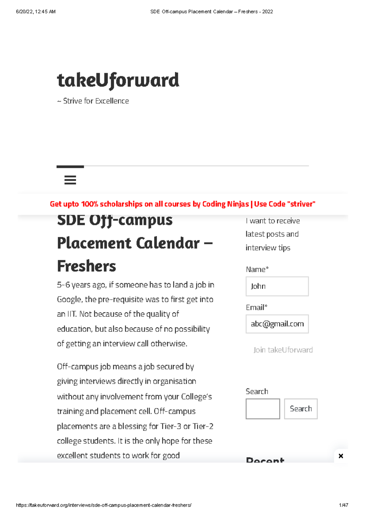 SDE Off-campus Placement Calendar – Freshers - 2022 - takeUforward ...