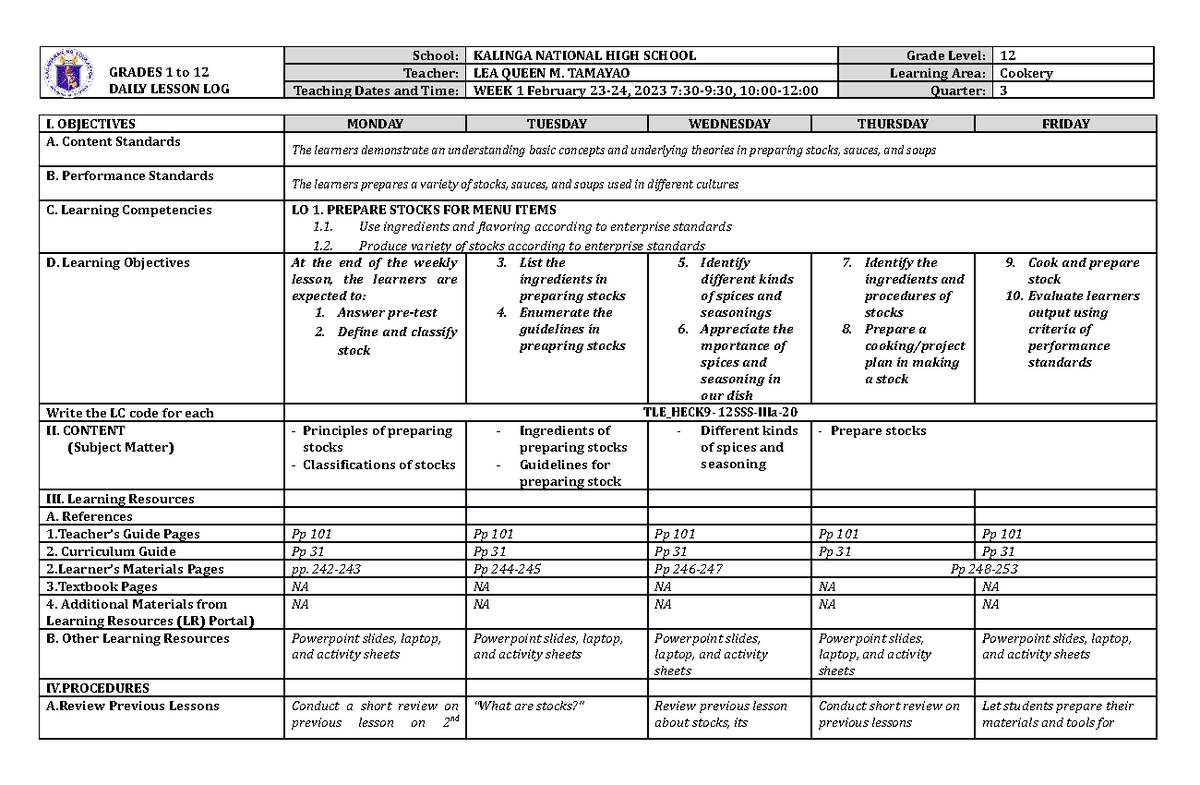 3rd- Quarter- Cookery DLL - GRADES 1 to 12 DAILY LESSON LOG School ...