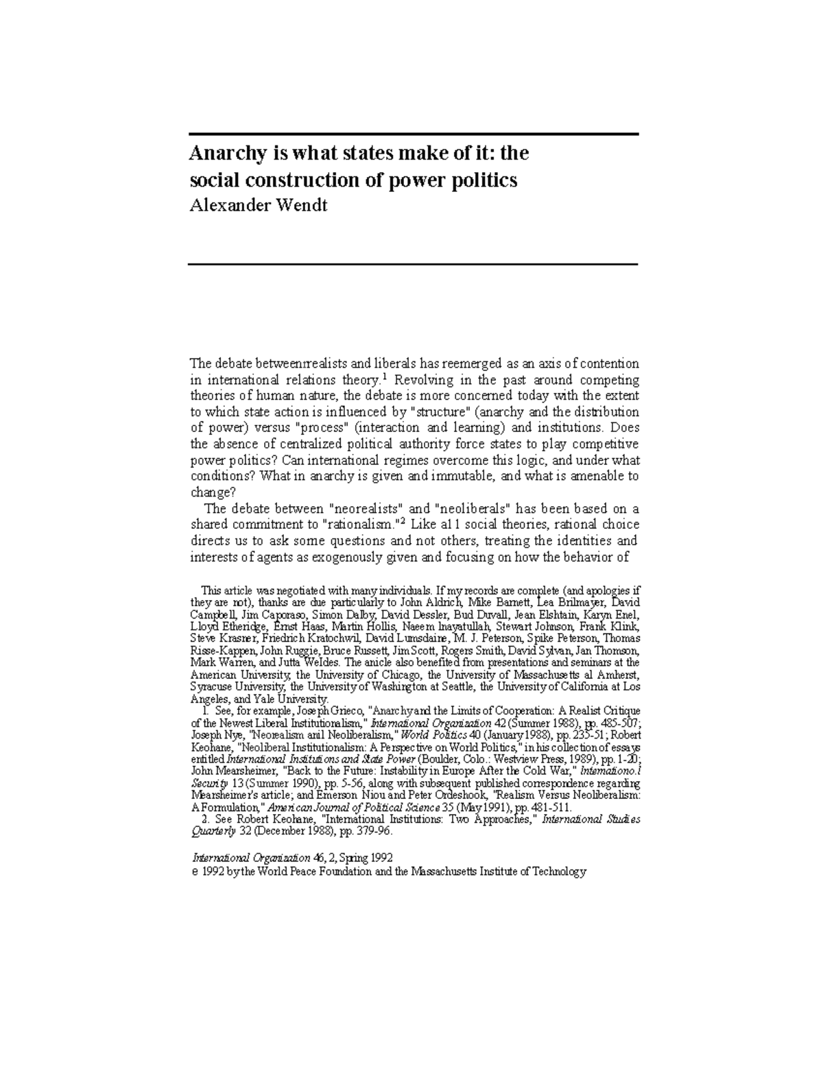 2. Wendt 1992 - Reading for week 2 - Anarchy is what states make of it ...