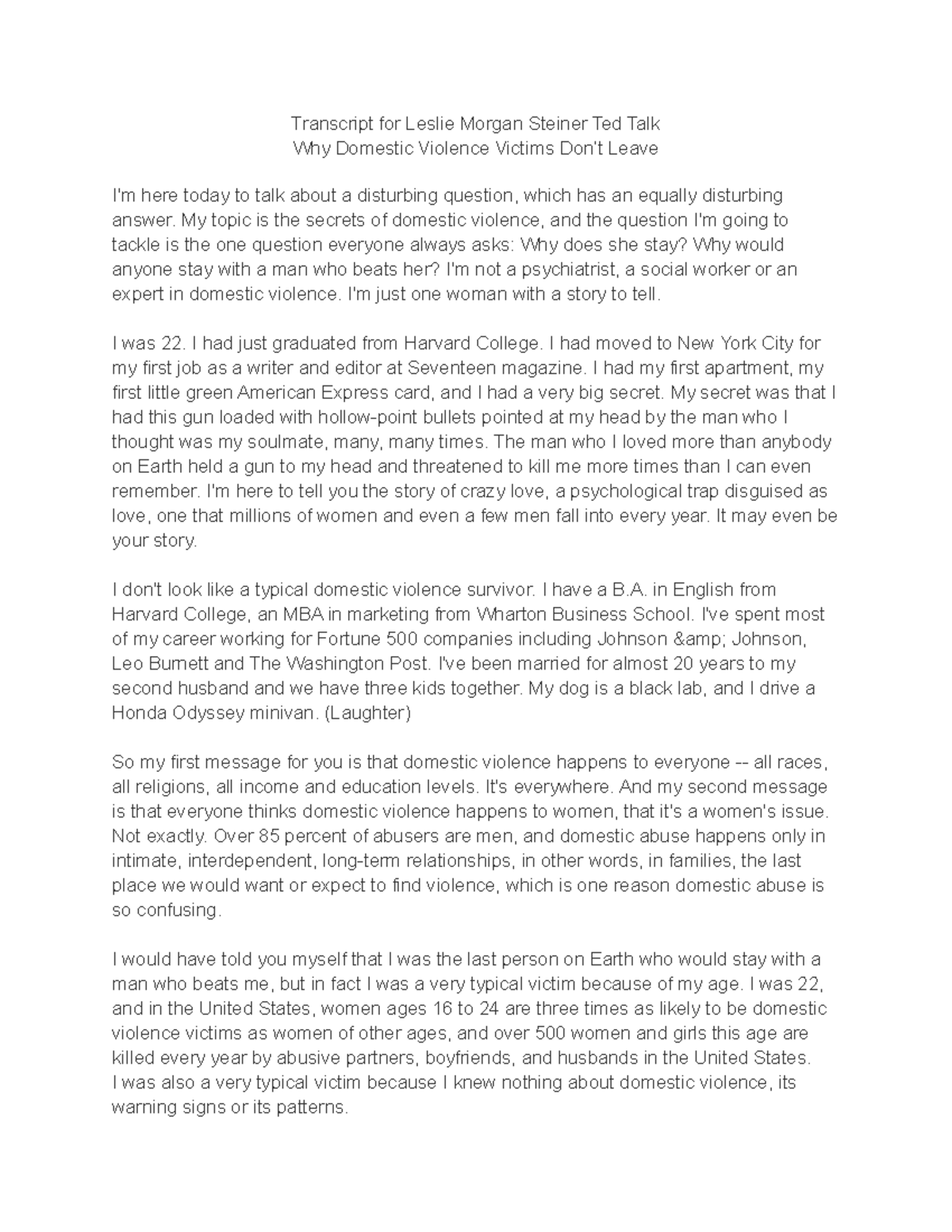 VIR Why Domestic Violence Victims Dont Leave Leslie Morgan Steiner Ted ...