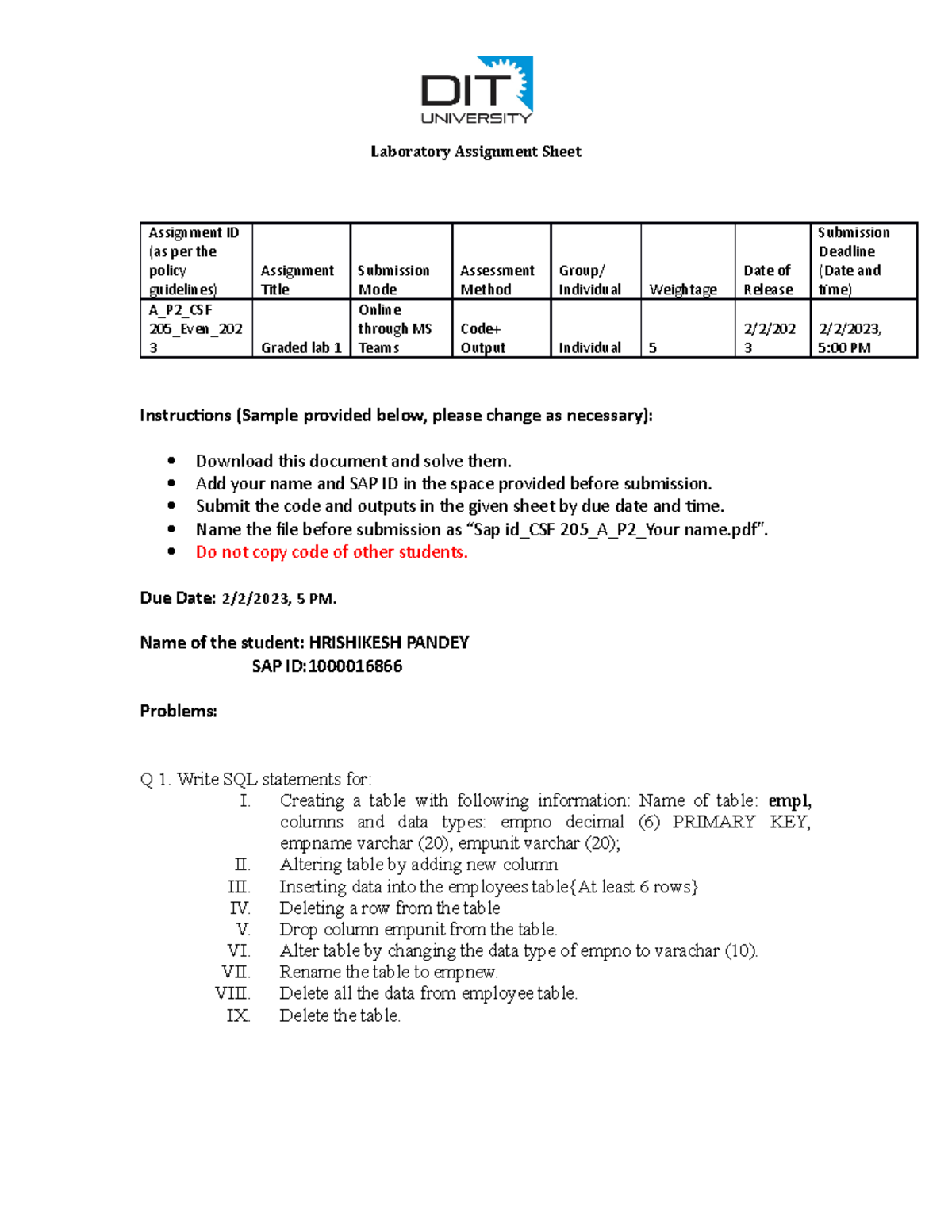 CSF 205 Graded Lab 1 A P2 - Assignment ID (as per the policy guidelines ...