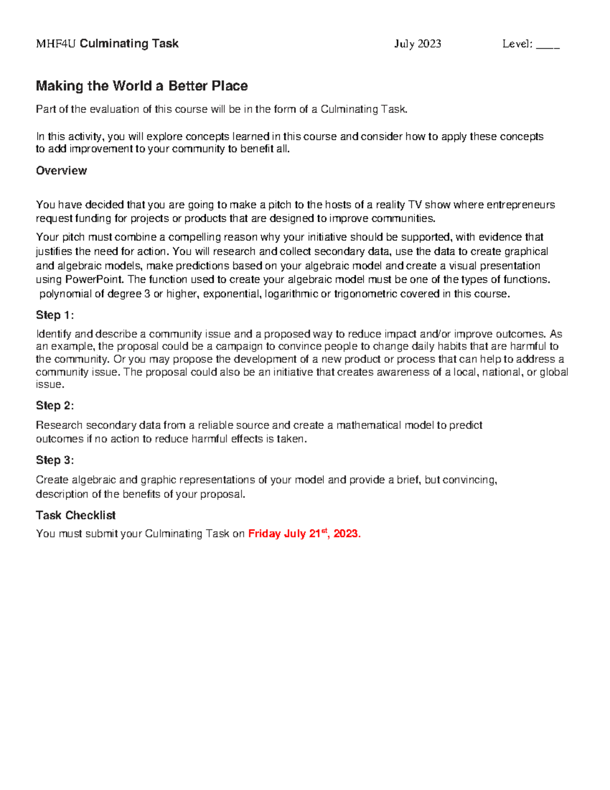 Culminating Task - In this activity, you will explore concepts learned ...