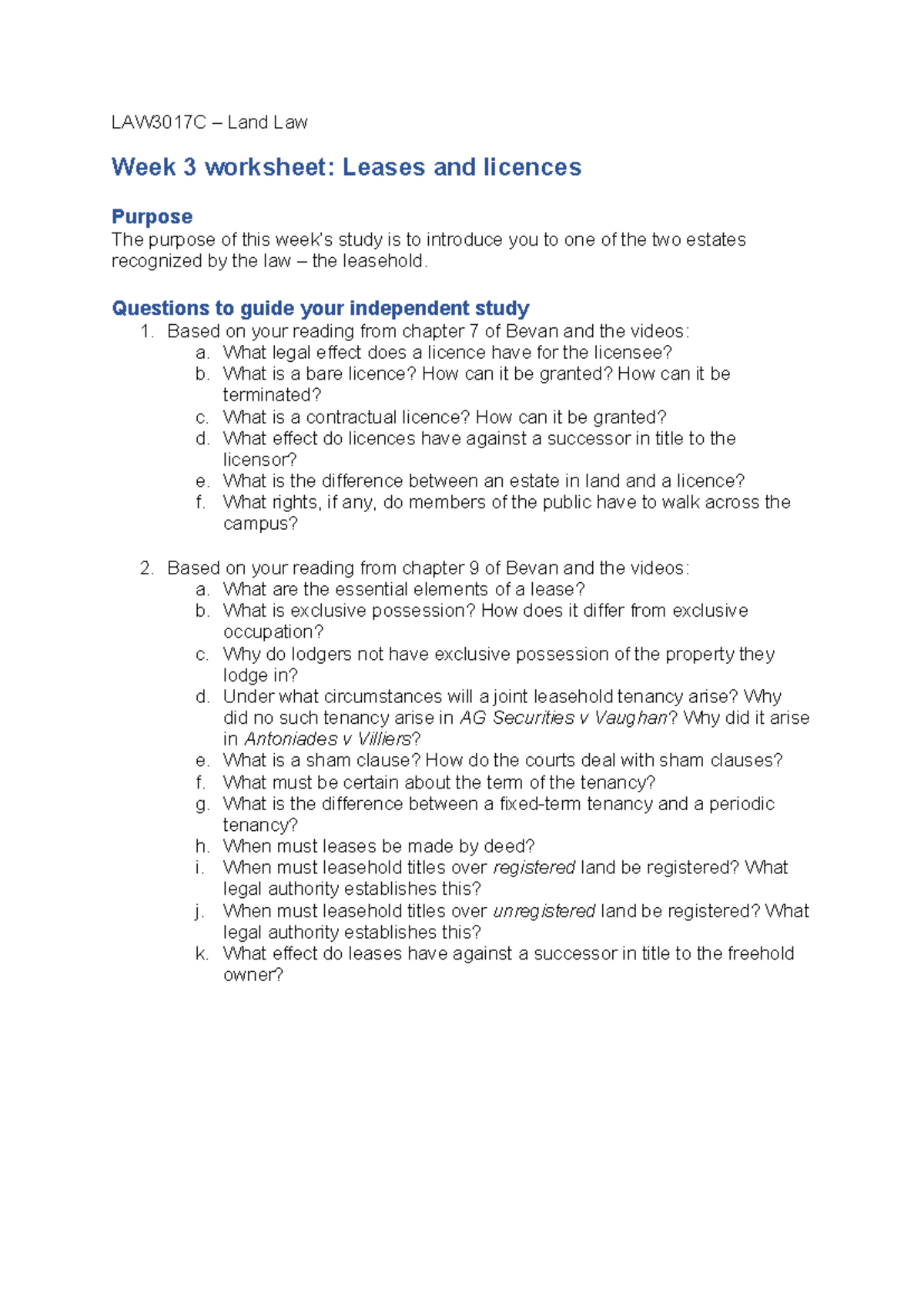 AT-03. Worksheet - jbbj - LAW3017C – Land Law Week 3 worksheet: Leases ...