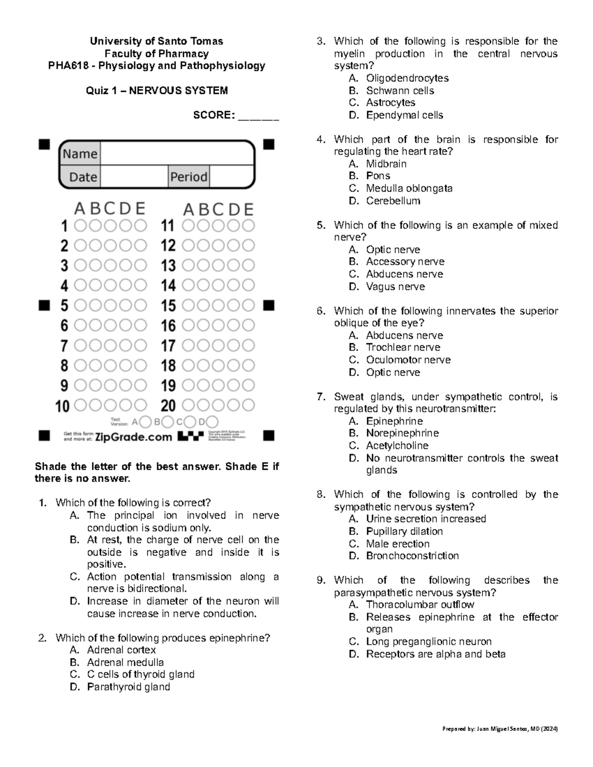 2-QUIZ-1 - Sample quiz - Prepared by: Juan Miguel Santos, MD (2024 ...