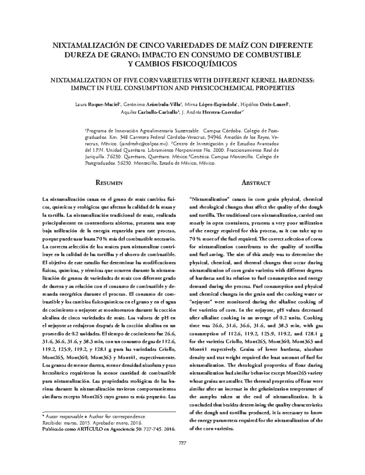 Nixtamalización DE Cinco Variedades DE MAÍZ - 727 NIXTAMALIZACIÓN DE ...