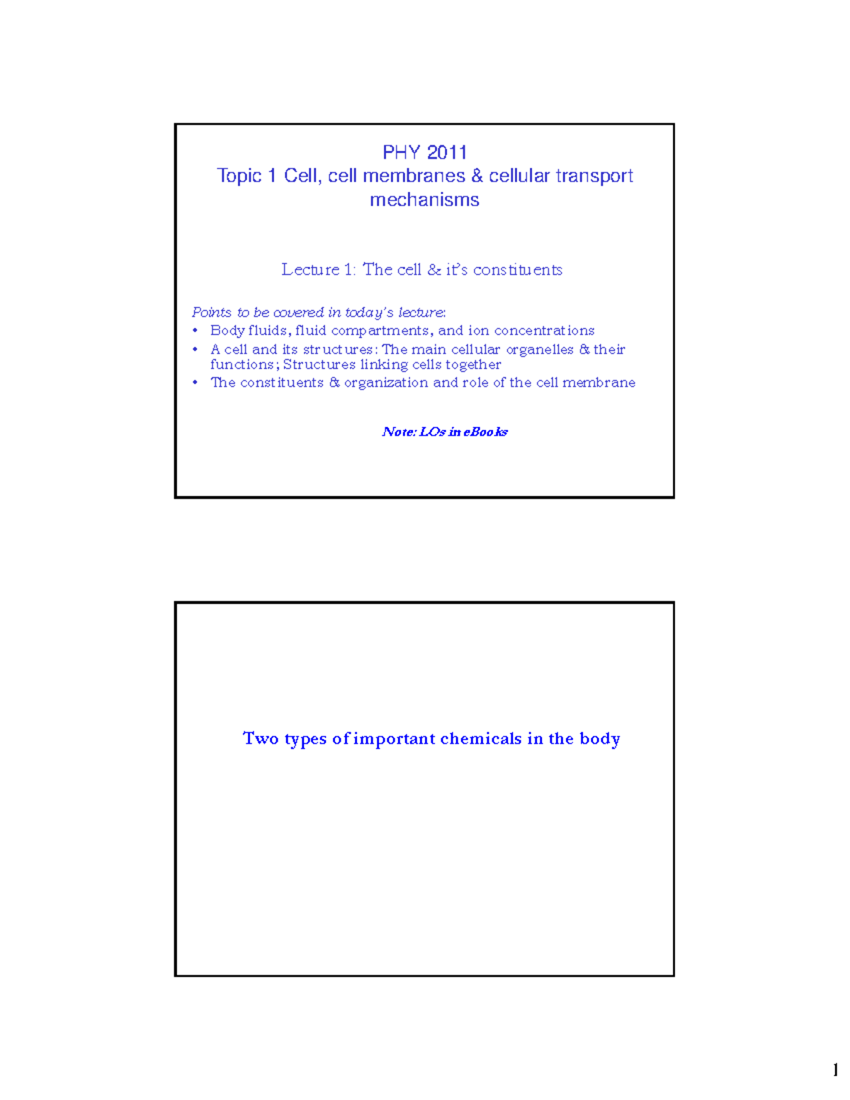 PHY 2011 Topic 1-2 Lectures - Lecture 1: The cell & itís constituents Points to be covered in ...