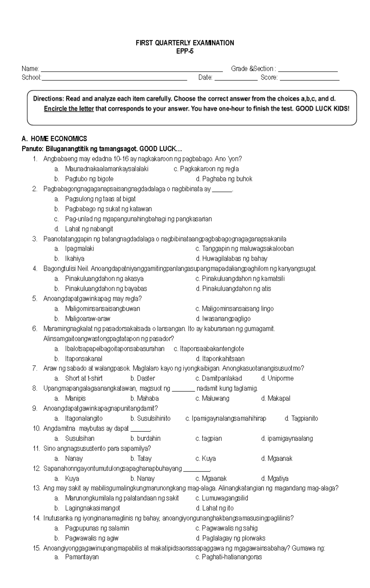 PT EPP 5 Q1 - sample sheets - FIRST QUARTERLY EXAMINATION EPP- Name ...