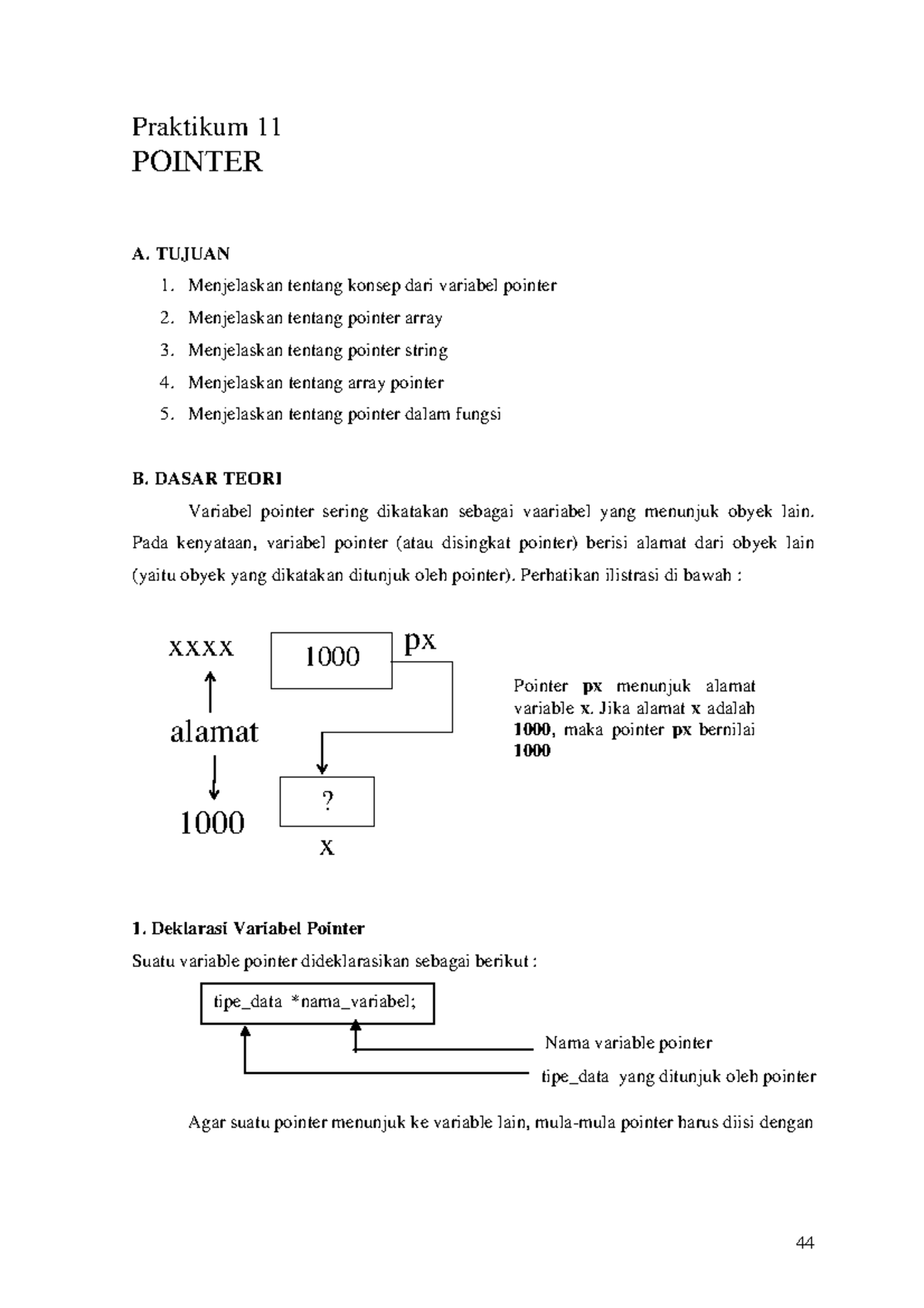 Praktek Pointer - Praktikum 11 POINTER A. TUJUAN 1. Menjelaskan tentang konsep dari variabel ...