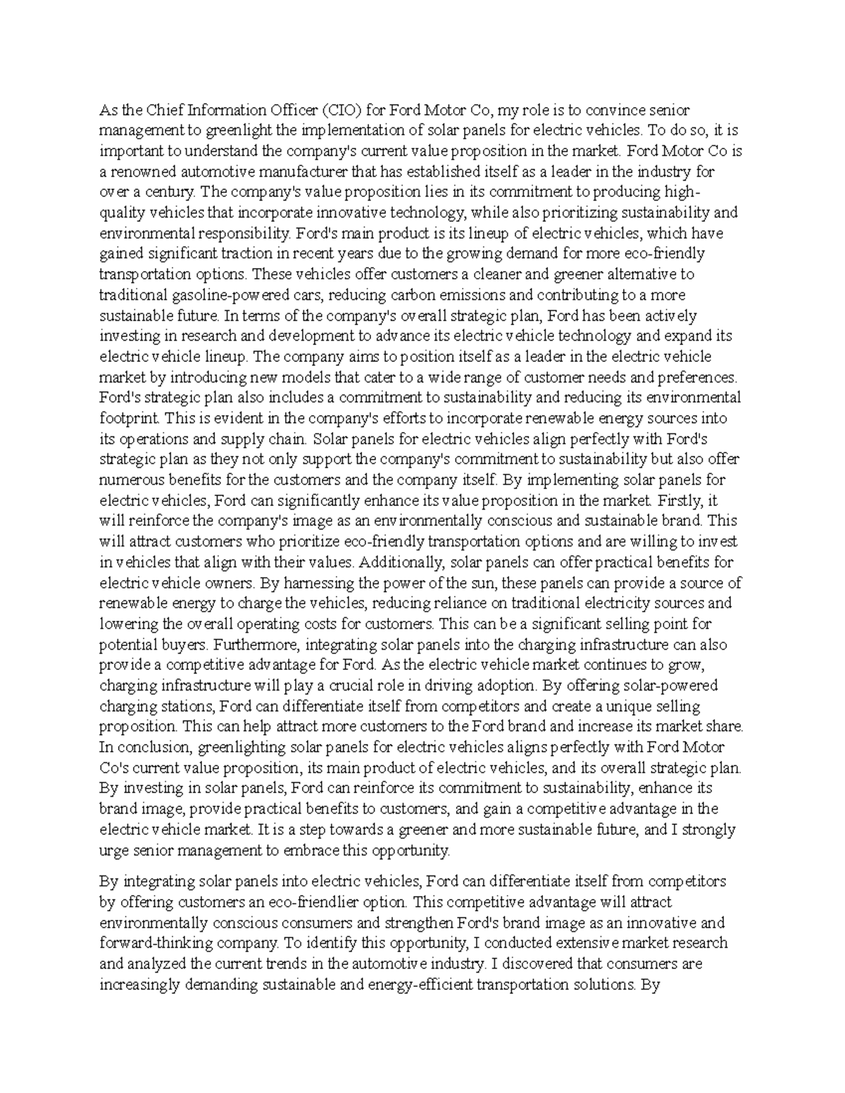 BUS 400 Project - DBO - As the Chief Information Officer (CIO) for Ford ...
