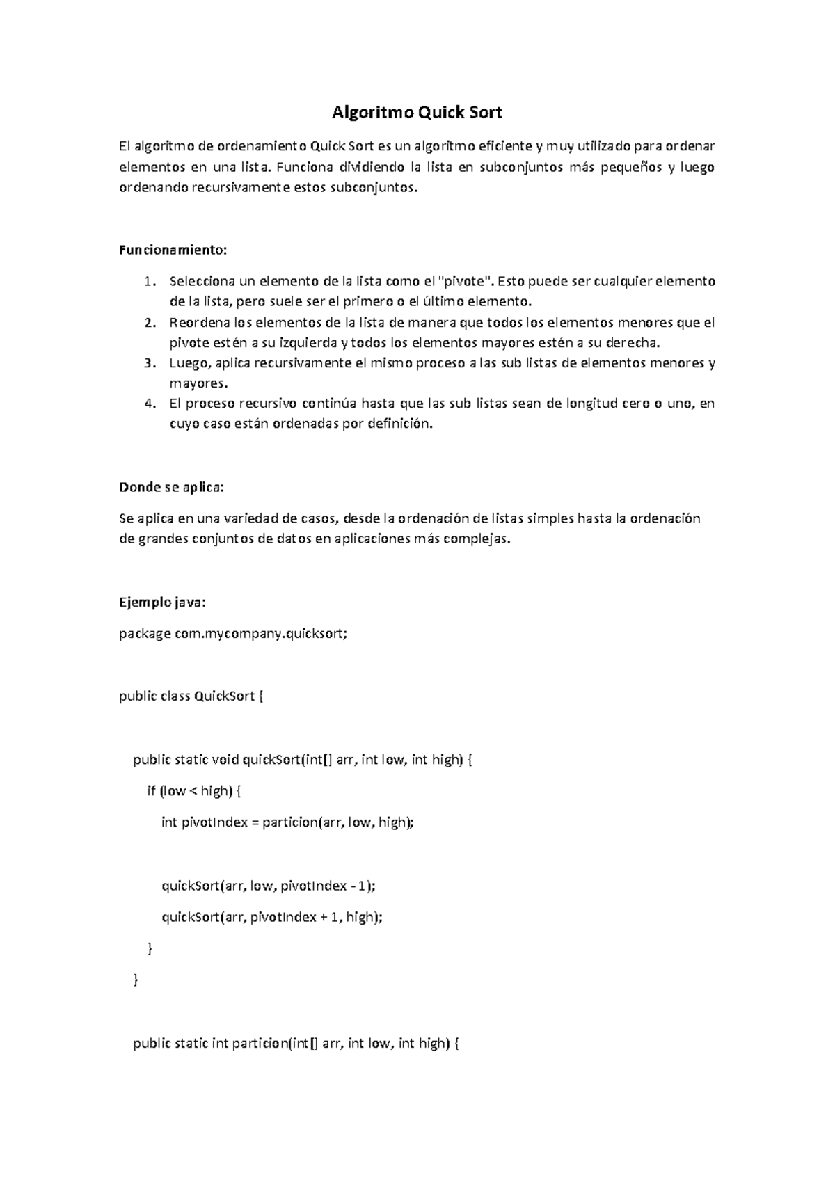 Quick Sort su definicion - Algoritmo Quick Sort El algoritmo de ordenamiento Quick Sort es un ...