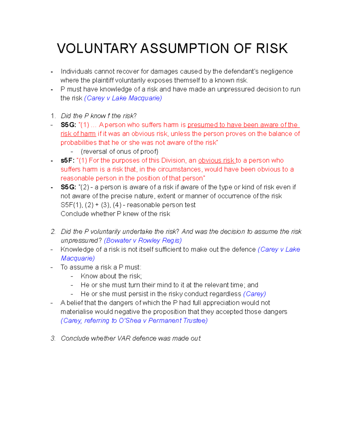 V.A.R Exam Scaffold - VOLUNTARY ASSUMPTION OF RISK Individuals cannot ...