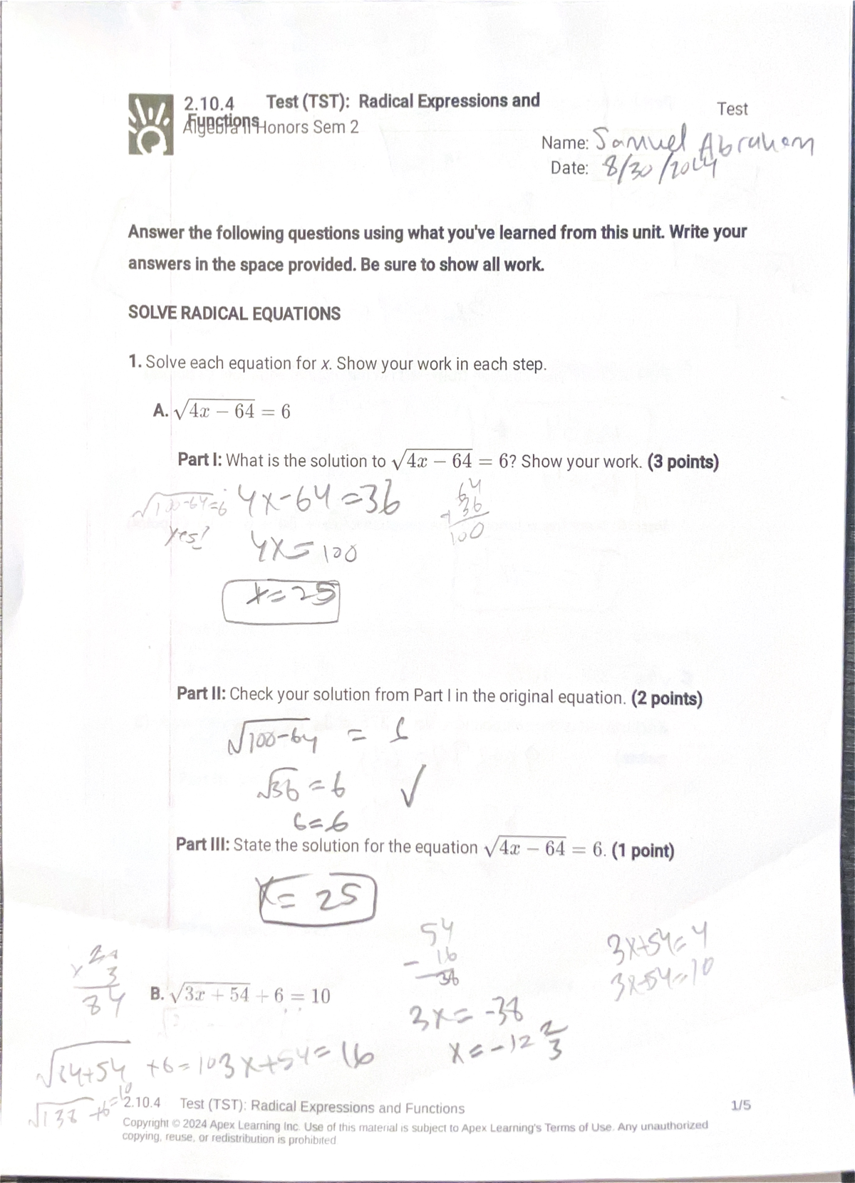 Chapter 2 test - help - 2.10 Test (TST): Radical Expressions and Test ...