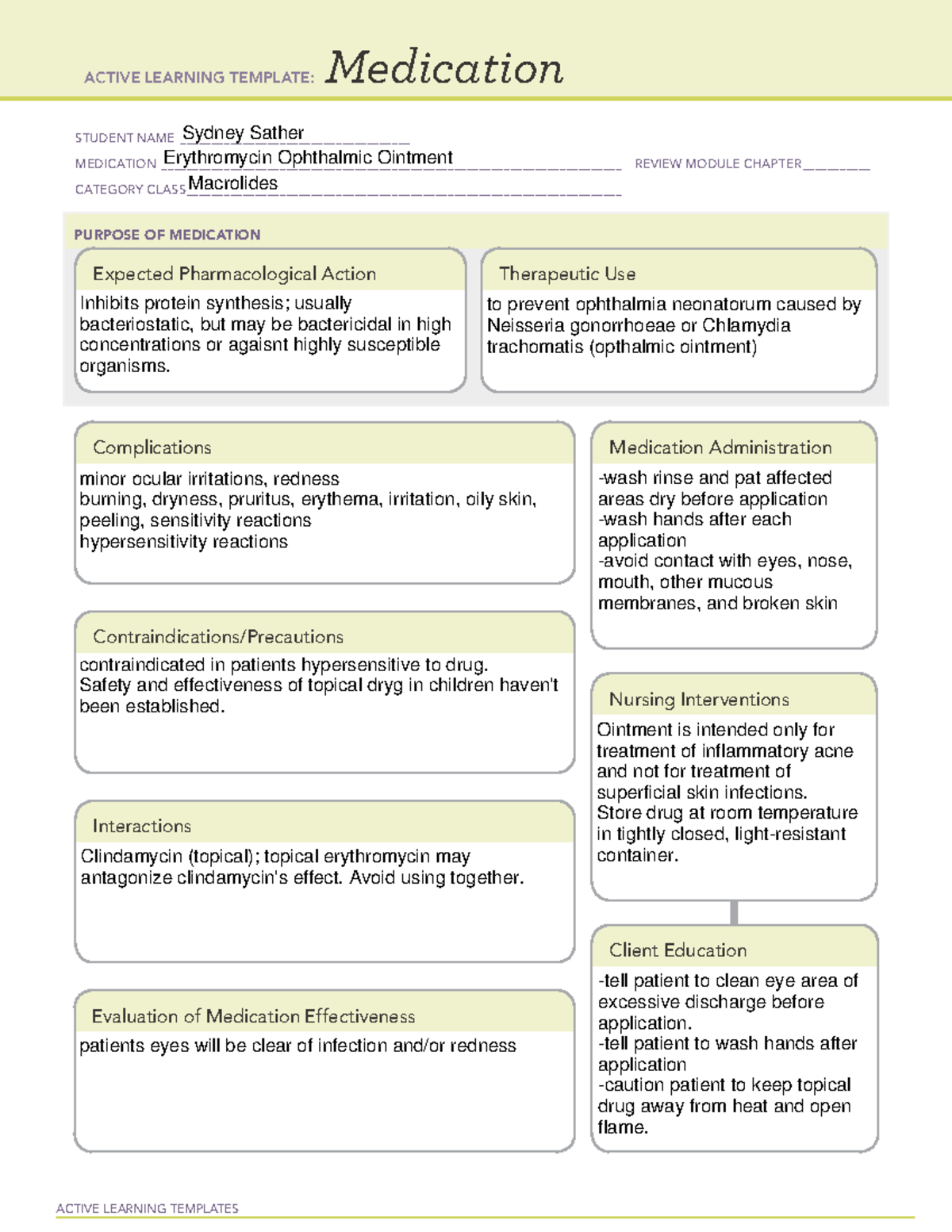 Erythromycin opthalmic ACTIVE LEARNING TEMPLATES Medication STUDENT 