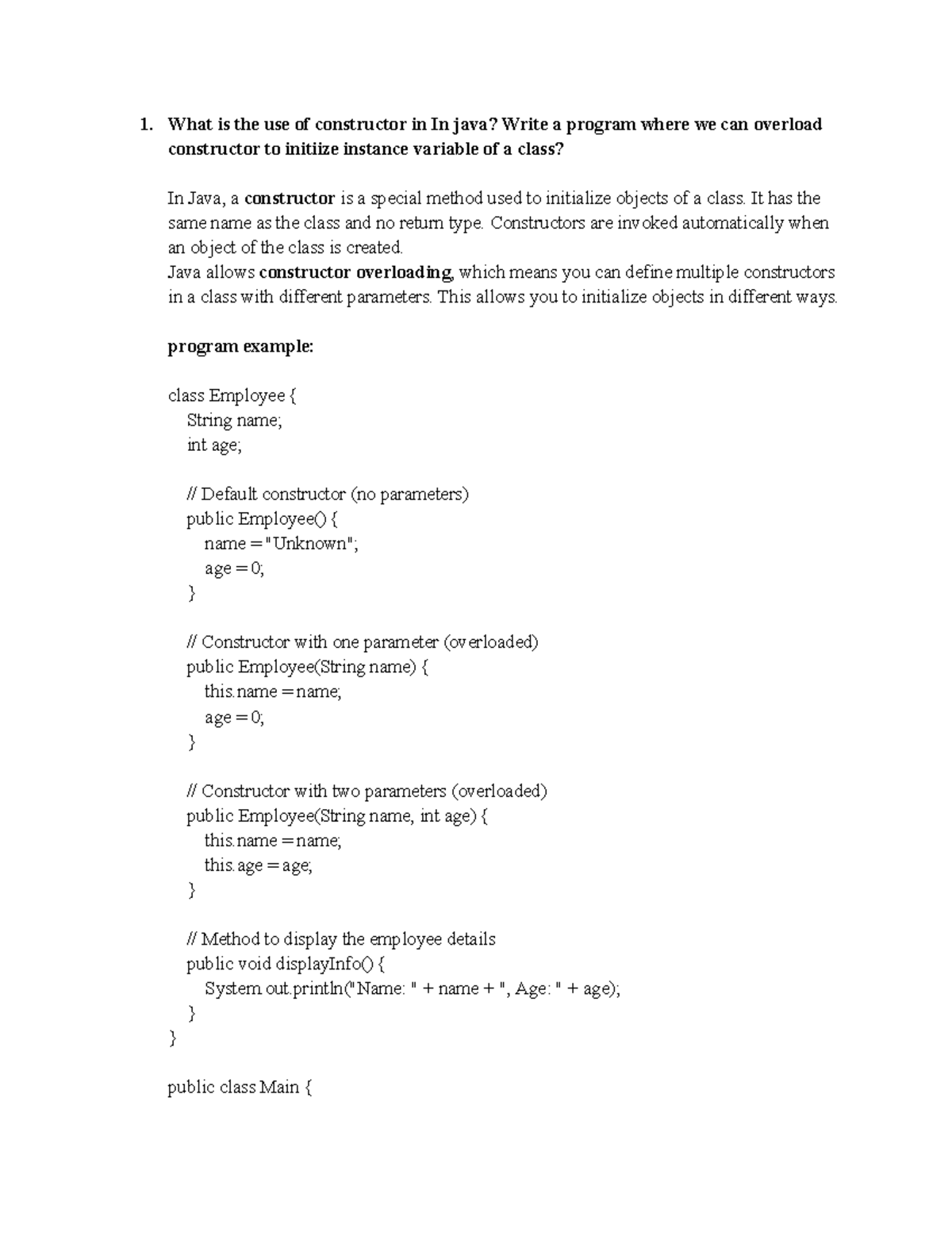 Java pyq - PREVIOUS YEAR QUES - What is the use of constructor in In java? Write a program where ...