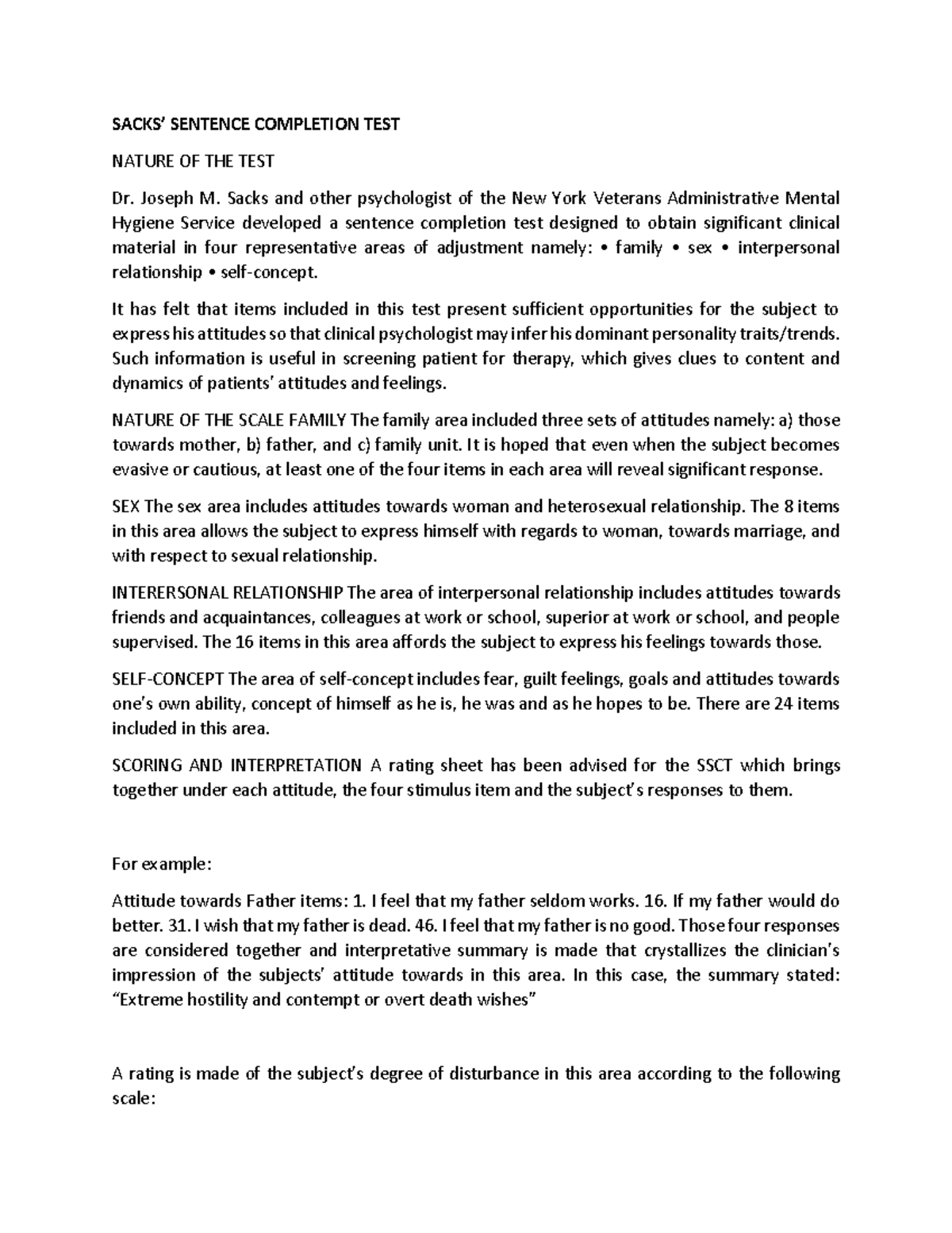 SSCT scoring and interpretation - SACKS’ SENTENCE COMPLETION TEST ...