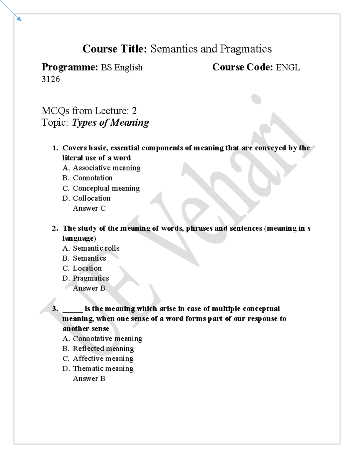 Pdfcoffee - Course Title: Semantics and Pragmatics Programme: BS English Course Code: ENGL 3126 ...