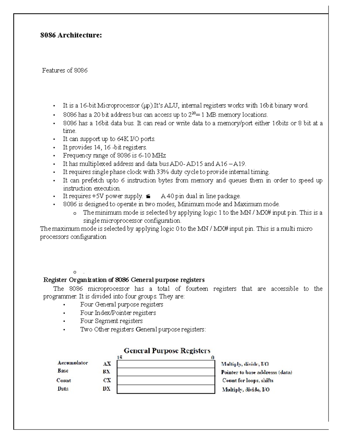 Ece Lecture Notes On 8086 4th Semester 8086 Architecture Features Of 8086 It Is A 16 Bit