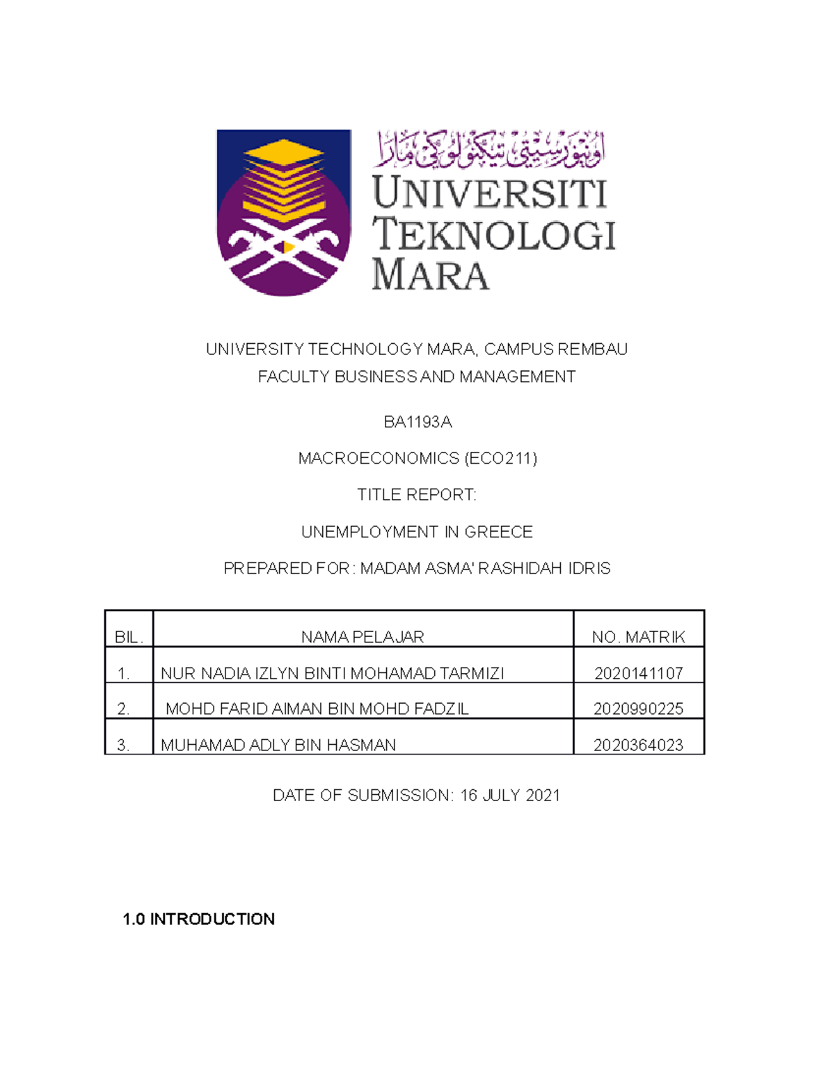 ECO211 Report BA1193A G4 - UNIVERSITY TECHNOLOGY MARA, CAMPUS REMBAU ...