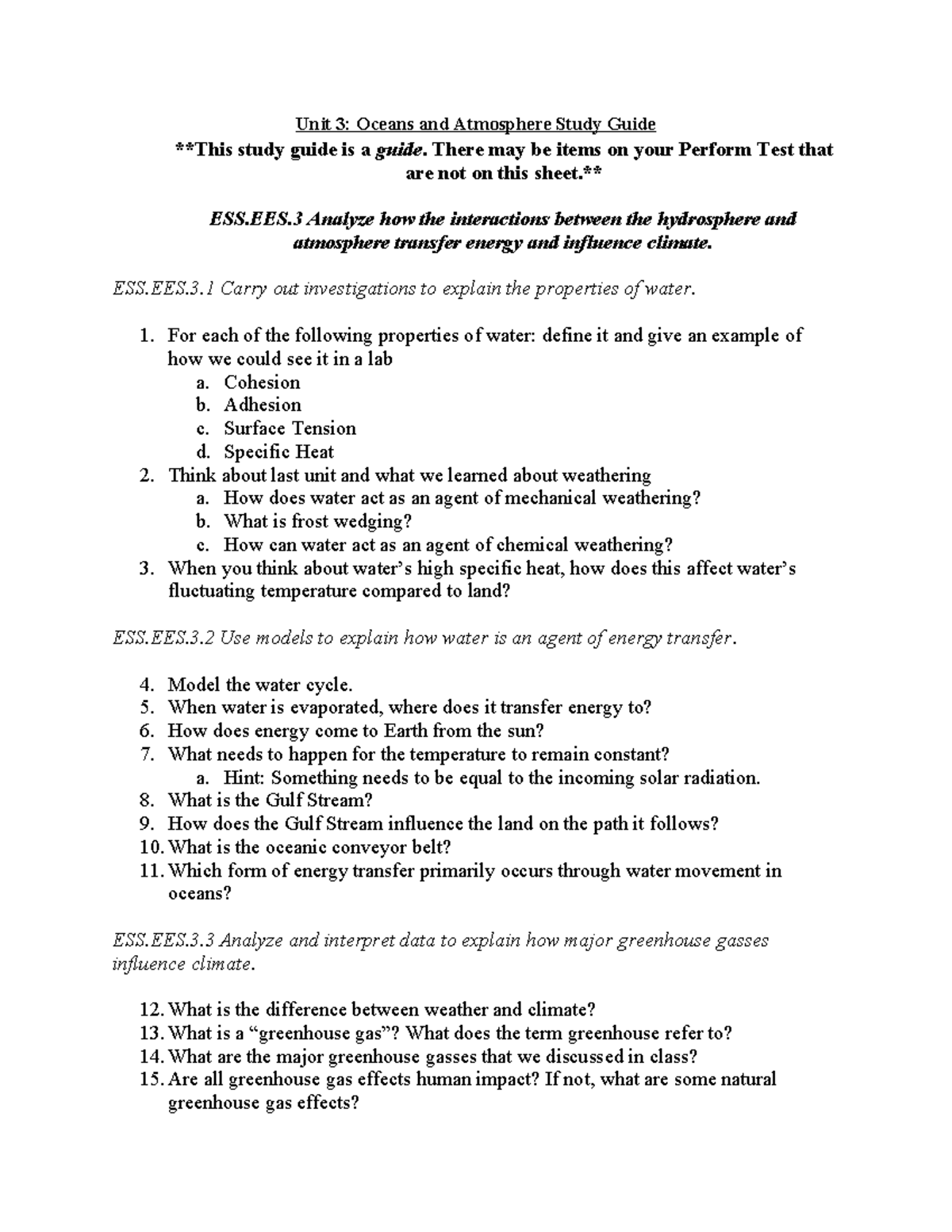 Copy of Unit 3 Study Guide - Unit 3: Oceans and Atmosphere Study Guide ...