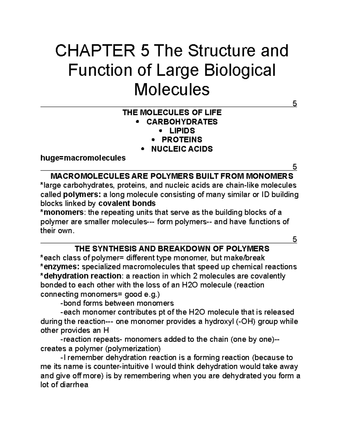 Ch5 bio - help for studying for ch 5 test. Good summary of the chapter ...