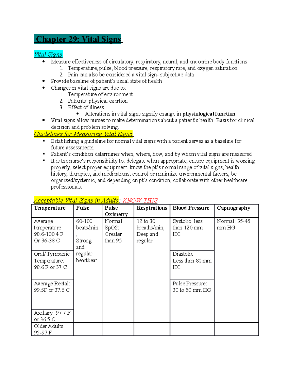 Chapter 29- Vital Signs Notes - Chapter 29: Vital Signs Vital Signs ...