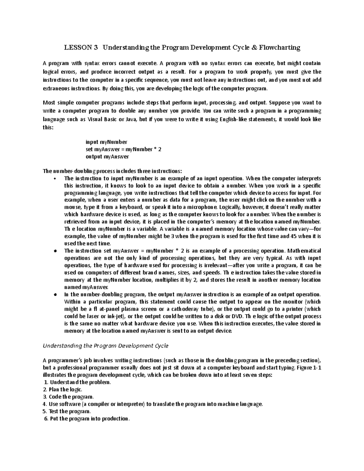 Lesson 3 Program cycle and flowcharting - LESSON 3 Understanding the Program Development Cycle ...