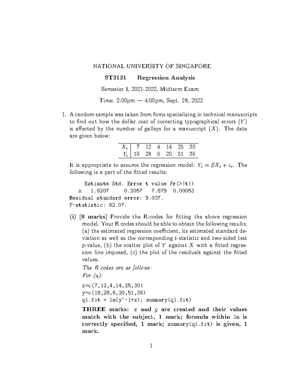 22-23I ST3131 Midterm Sol Marking Scale - NATIONAL UNIVERSITY OF SINGAPORE ST3131 Regression ...