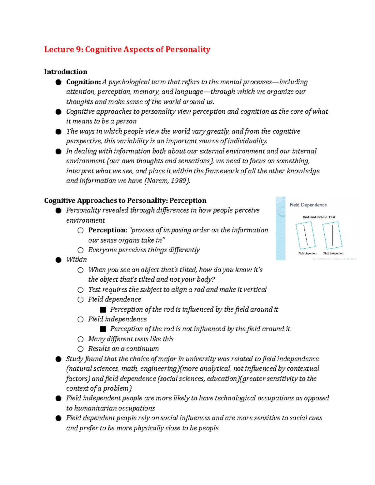Lecture 9 Cognitive Aspects of Personality - Lecture 9: Cognitive ...