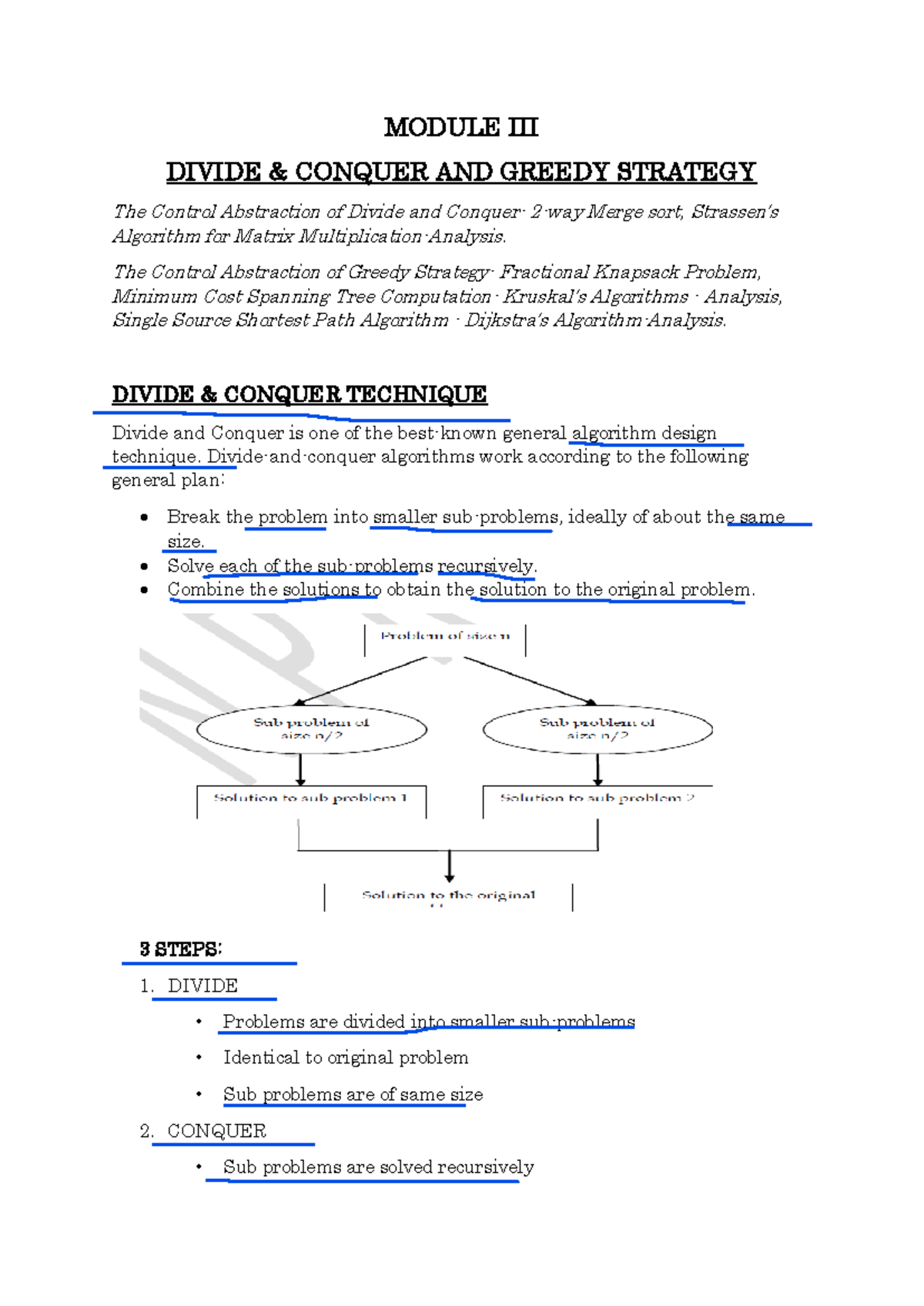 MOD 3 - AAD - MODULE III DIVIDE & CONQUER AND GREEDY STRATEGY The Control Abstraction of Divide ...