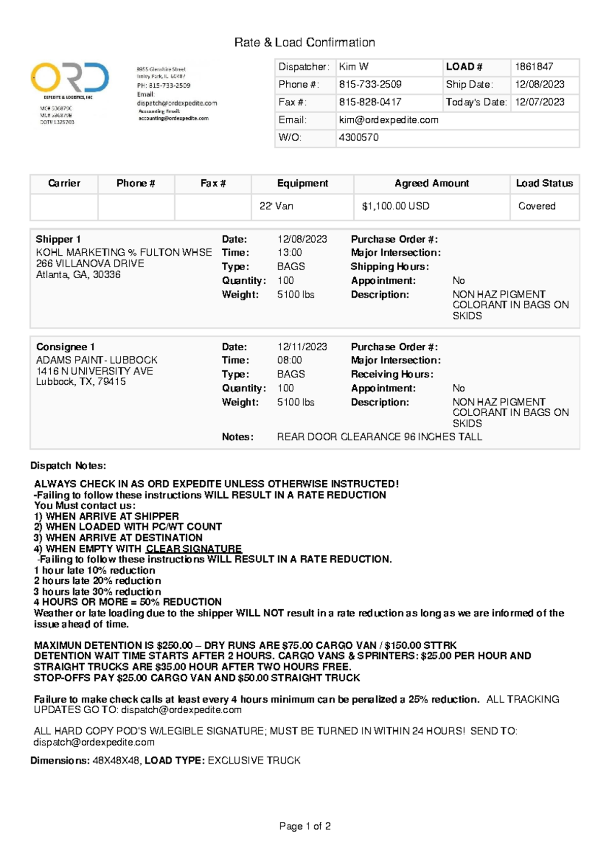 Temp Load Confirmation 1861847 - Dispatcher: Kim W LOAD # 1861847 Phone ...