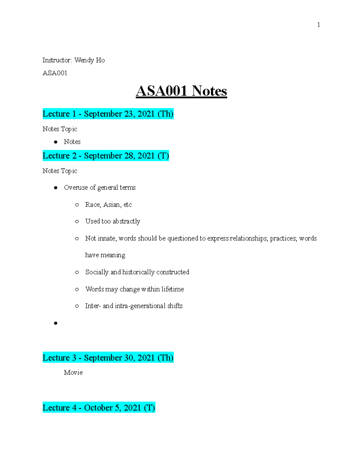 ASA001 Notes - Lecturer: Wendy Ho - Instructor: Wendy Ho ASA ASA001 ...