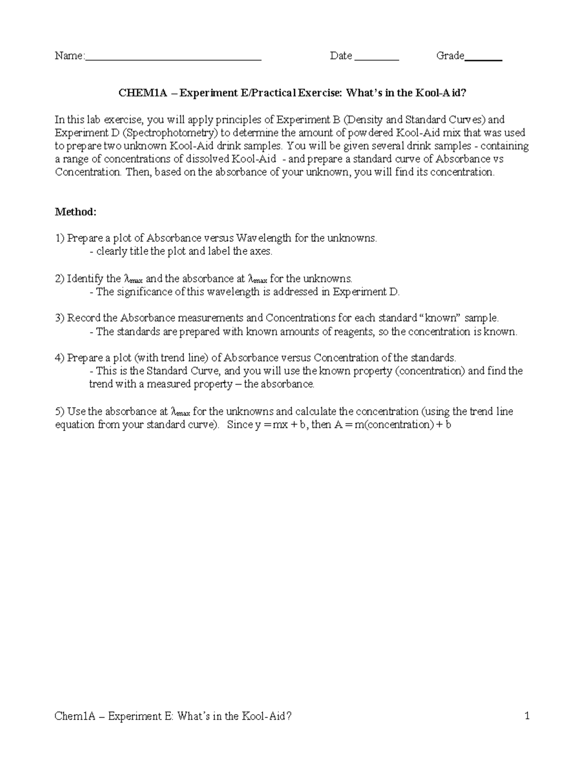 CHEM1A Expt E Kool Aid - lab report for chem 002. it from kool aid expt ...