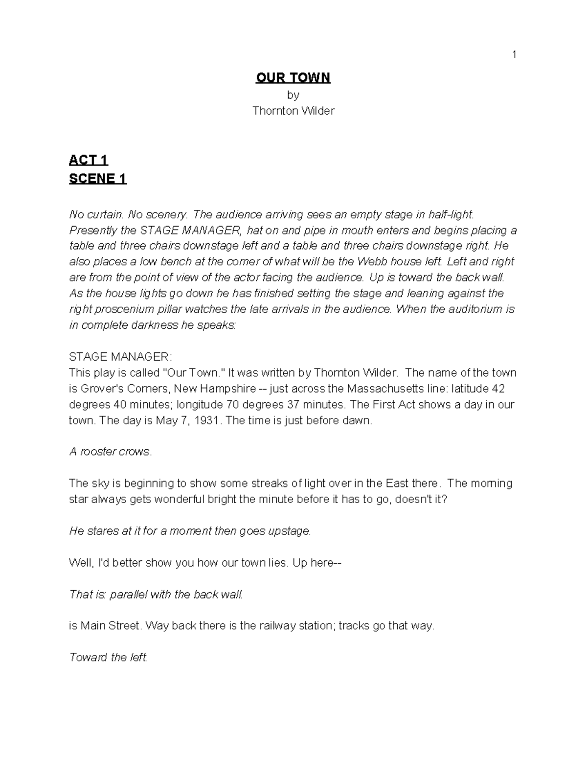 OUR+TOWN+by+Wilder - English - OUR TOWN Thornton by Wilder ACT 1 SCENE ...