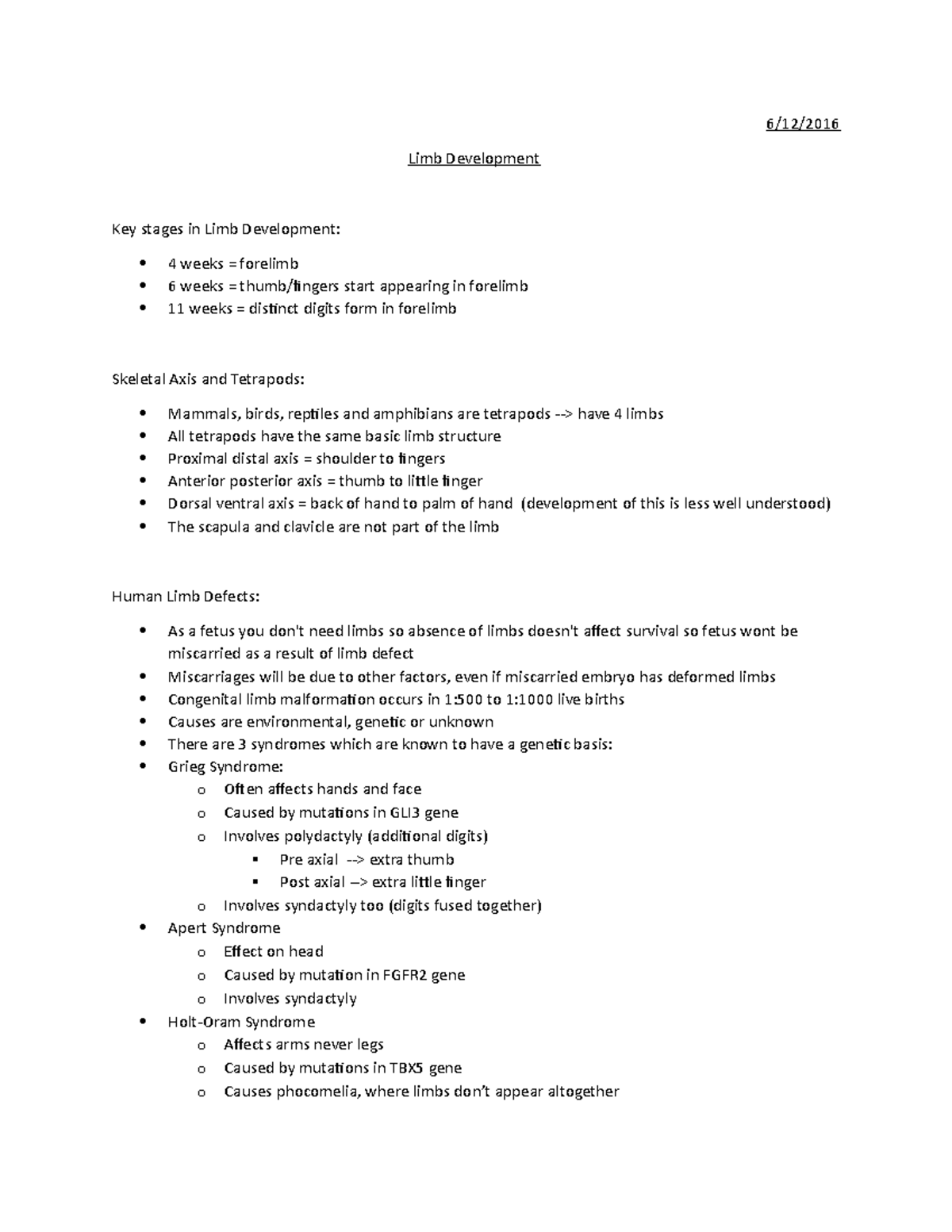 14. Limb Development - Lecture notes 14 - 6/12/ Limb Development Key ...